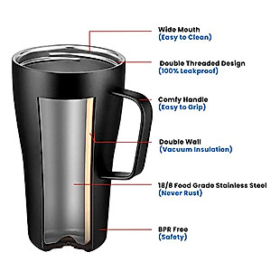 CIVAGO 24 oz Insulated Coffee Mug with Lid, Stainless Steel Coffee Travel Mug with Handle, Double Wall Vacuum Tumbler with Lid and Straw,Thermal Coffee Cup, Black