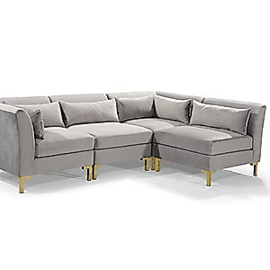 Iconic Home FSA9258-AN Girardi Modular Chaise Sectional Sofa Velvet Upholstered Solid Gold Tone Metal Y-Leg with 6 Throw Pillows Modern Contemporary, Grey