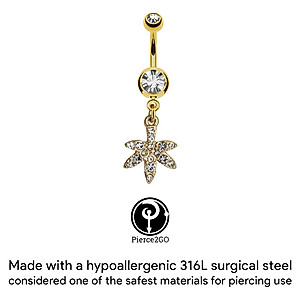 Pierce2GO Gold Marijuana Leaf Belly Button Ring with Cz Stones (Cubic Zirconia)
