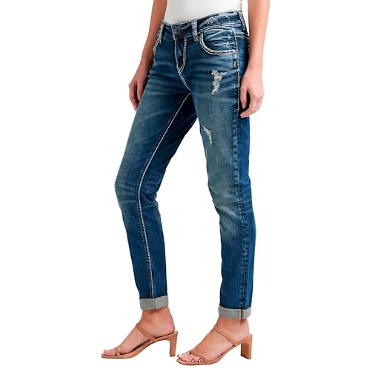 Silver Jeans Co. Women's Plus Size Girlfriend Mid Rise Skinny Jeans, Medium Marble Wash, 18 Plus