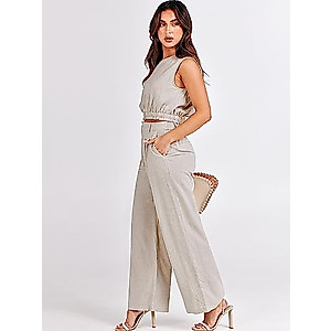ANRABESS 2 Piece Outfits for Women Summer Vacation Beach Sleeveless Linen Crop Tank Top Casual Matching Lounge Sets Comfy Tracksuits Long Pants Jumpsuits 2023 Fashion Clothes A1102maxing-L