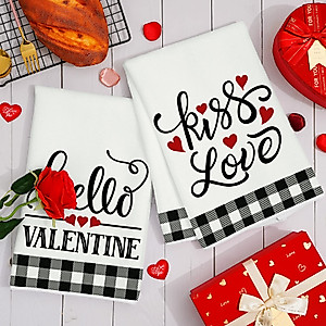 AnyDesign Valentine's Day Kitchen Towel Truck Rose Flower Dish Towel 18 x 28 Inch White Black Buffalo Plaids Hand Drying Towel Tea Towel for Wedding Anniversary Cooking Baking, Set of 4