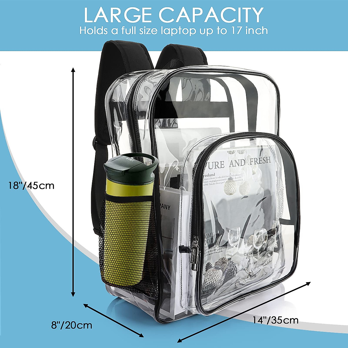 Nausear Clear Backpack Heavy Duty Large PVC Transparent Backpack See Through Backpack for School, Sports, Work, Stadium, Security, Travel, College - H18''xW14''xD8