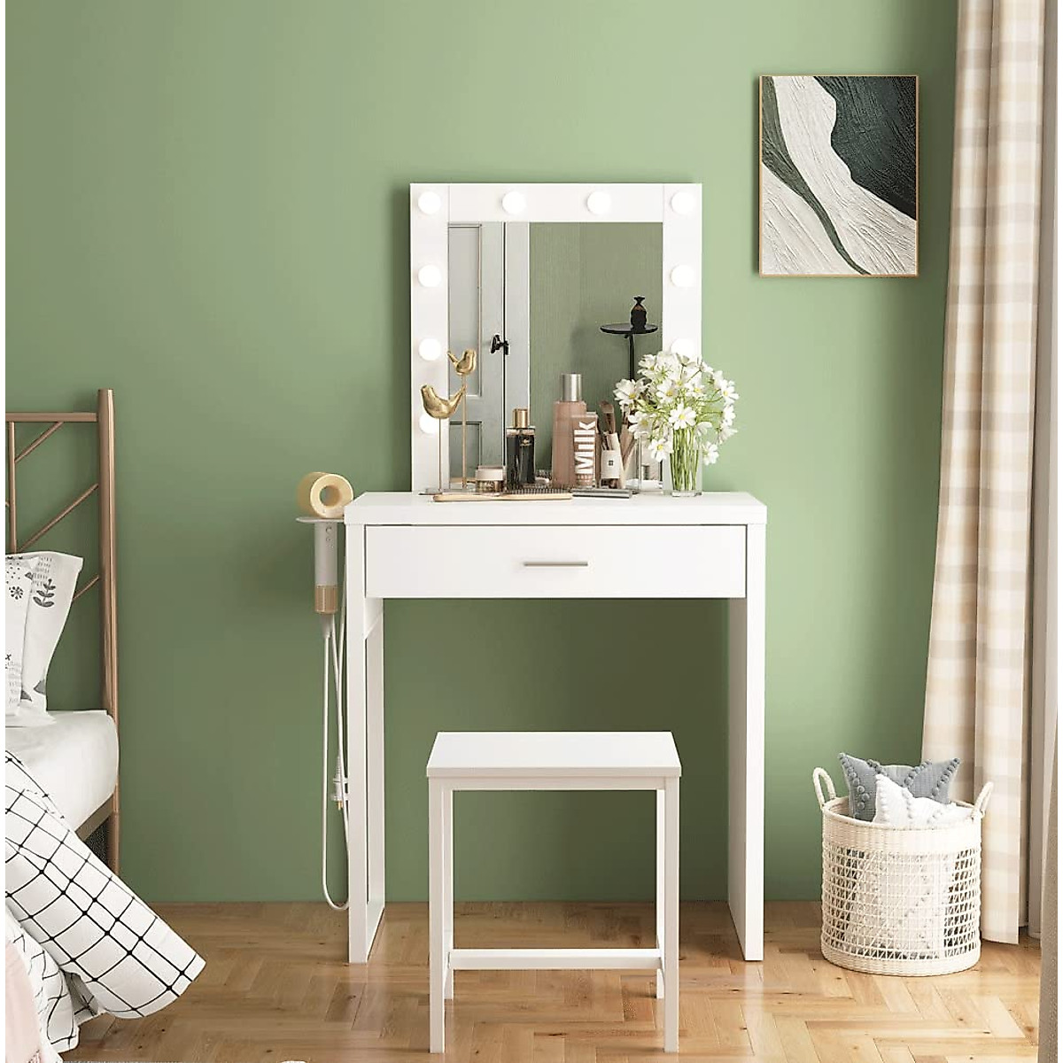 Titoni Makeup Vanity Desk, White Vanity Set Vanity Table with Lighted Mirror, 10 LED Lights Brightness Adjustable, 27.6in(L), White