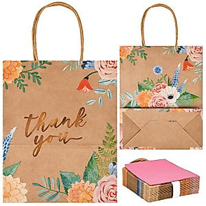 DjinnGlory 25 Pack 10x8x4 Inch Medium Sized Brown Kraft Floral Paper Gift Bags with and 25-Sheet Pink Tissue Paper for Birthday Wedding Baby Shower Party Treats, Goodies, Christmas Gifts (Thank You Design)