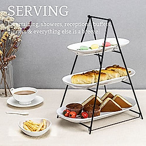 UNICASA 3 Tier Serving Tray - White Oval Serving Plate Dishes, Party Trays and Platters with Metal Rack for Cake, Snack, Fruit - Chips and Dips Serving Set