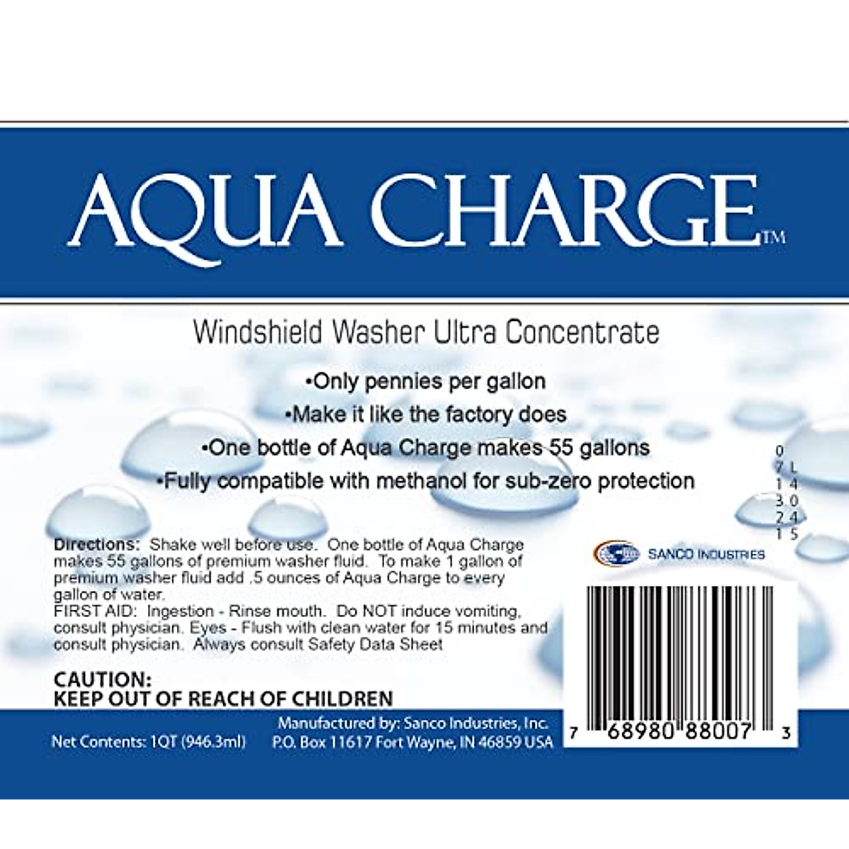Aqua Charge Windshield Washer Ultra Concentrate, 1 Bottle Makes 55 gallons of Finished Summer Product, Simply Add Methanol for a Winter Blend down to -20F