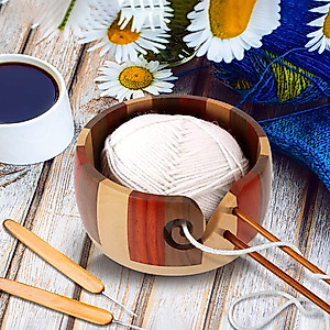 LucyPhy Wooden Yarn Bowl 6.7 x 3.2inch Handmade Craft Knitting Bowl Wool Storage Basket with Carved Holes & Drills for DIY Knitting Crocheting Accessories(Mixed Color)
