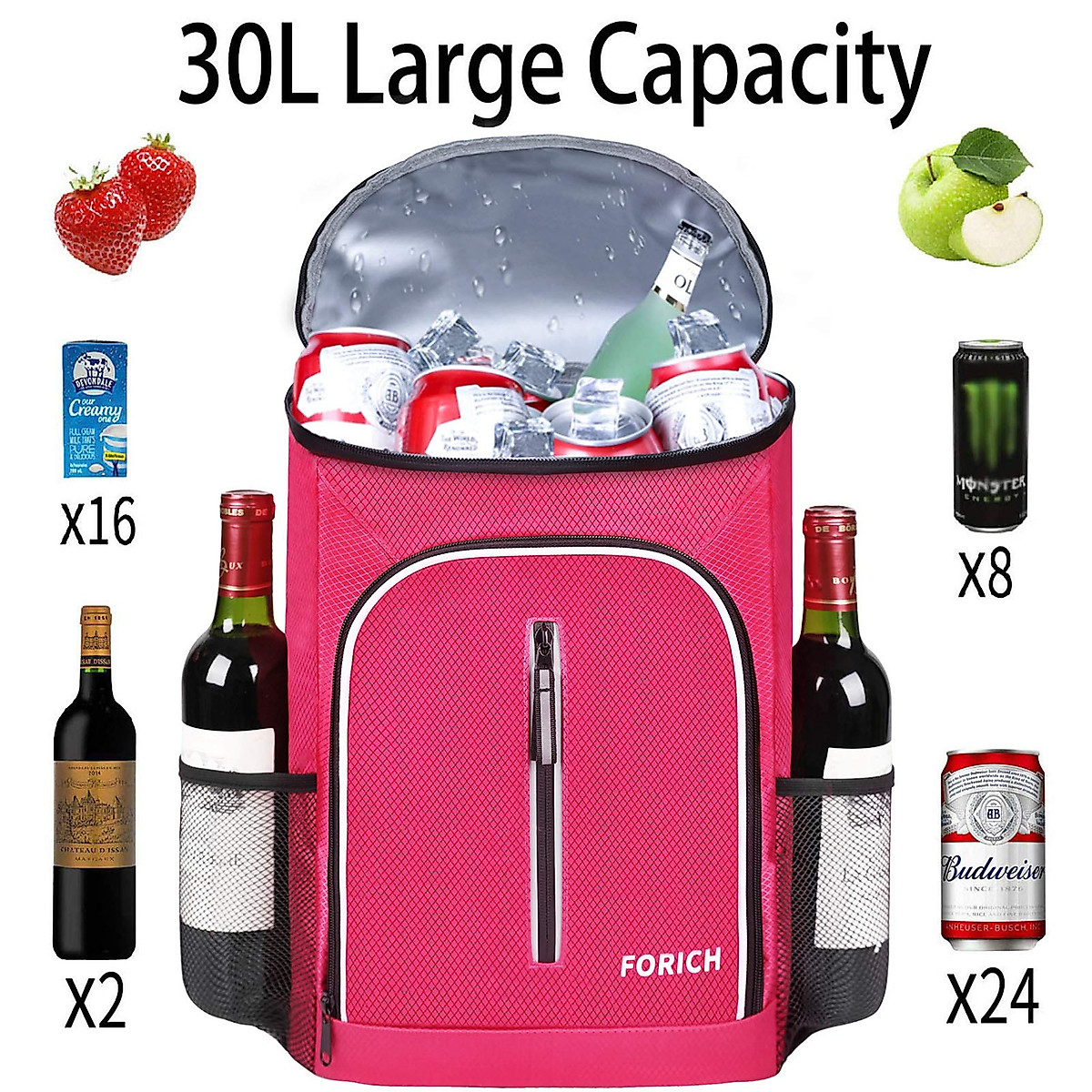 FORICH Soft Cooler Backpack, 30L Capacity, Rose Red, Polyester, Suitable for Outdoor Activities