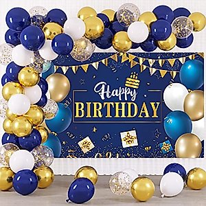 Rubfac Navy Blue Birthday Decorations Happy Birthday Backdrop with 70pc Navy Blue Gold and White Balloon Garland Kit Photo Backdrop Background for Birthday Party Decoration Supplies