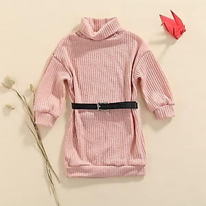 GOOCHEER Little Toddler Baby Girl Outfits Turtleneck Knit Sweater Dress Kids Solid Ribbed Long Sleeve Dresses +Belt Fall Clothes (A-Pink, 6-7 Years)
