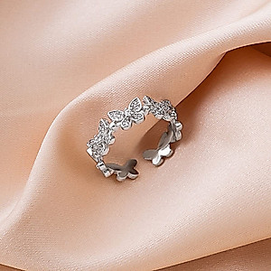 MIFYNN 3Pcs Cute Butterfly Rings For Women, Dainty Crystal Butterfly Rings Set Adjustable Crystal Butterfly Knuckle Ring Double Butterfly Ring (Silver)