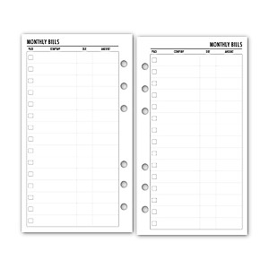 Personal Bill Tracker Planner Insert Refill, 3.74 x 6.73 inches, Pre-Punched for 6-Rings to Fit Filofax, LV MM, Kikki K and Other Binders, 30 Sheets Per Pack