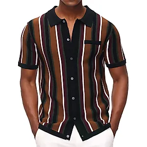 PJ PAUL JONES Mens Casual Short Sleeve Shirt Button Down Knit Stripe Polo Shirt Black M