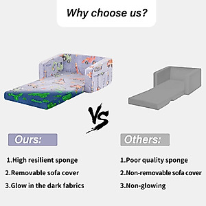 Tiita Kids Sofa Chair, 2 in 1 Toddler Fold Out Couch, Comfy Kids Sofa for Playroom-Extra Soft 2 Seats, Glow in The Dark Children Couch to Lounger for Girls Boys, Vehicles