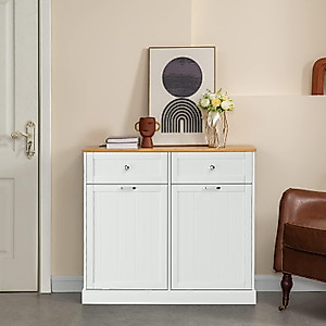 GAZHOME Double Tilt Out Trash Cabinet with Charging Station, Upgrade Wooden Free Standing Trash Cabinet with Outlet,Recycling Cabinet with Hideaway Drawer,20 Gallon Tilt Out Trash Cabinet (White)