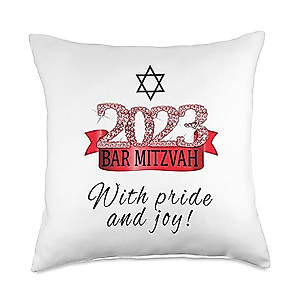 2023 Bar Mitzvah Gifts & Decorations For Boys 2023 Bar Mitzvah I Pride & Joy I White Red Banner Decor Throw Pillow, 18x18, Multicolor