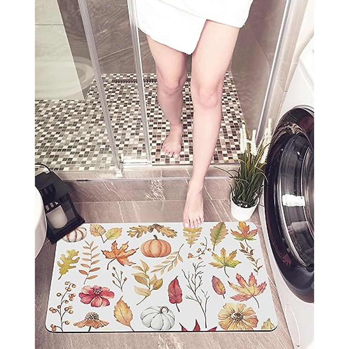 Pumpkin Leaves Bath Mat for Tub,Non Slip Bathroom Floor Runner Rug Quick Dry & Absorbent Diatomaceous Earth Shower Sink Kitchen Living Room Washable Doormat,Retro Fall Wildflower Plant Leaves 16"x24"