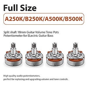 SAPHUE 4PCS A250K+B250K+A500K+B500K Push Pull Potentiometer Brass Metric Coarse 18-Spline Split Shaft Pots Audio Taper Potentiometers for Electric Guitar Bass,2T2V (250K&500K)