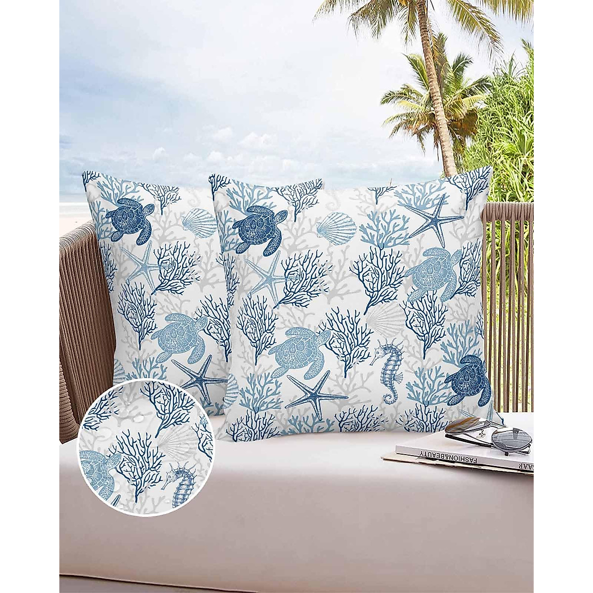 Sea Turtle Outdoor Waterproof Pillow Covers,Nautical Blue Coral Decorative Throw Pillow Covers,Starfish Shell Seahorse Cushion Case for Patio Tent Bed Sofa Living Room Marine Life on White Pillowcase