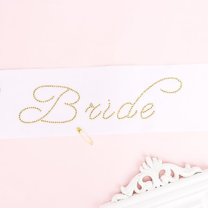 BAHABY Rhinestone Bride to Be Sash Bachelorette Party Favors Bachelorette Sash for Women Bridal Shower Gifts Engagement Party Decorations- White Sash with Gold Rhinestone