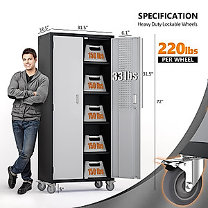 VINGLI 72'' Tall Garage Storage Cabinet, Metal Storage Cabinet with Wheels, Locking Doors and Adjustable Shelves (Black & Silver, 32''W x 16''D x 72''H)