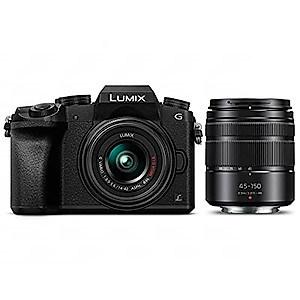 Panasonic Lumix DMC-G7 Mirrorless Camera with Lumix G Vario 14-42mm and 45-150mm Lenses Lens, Black - Bundle with Camera Case, 64GB SDXC U3 Card, Spare Battery, Tripod, Software Package, and More