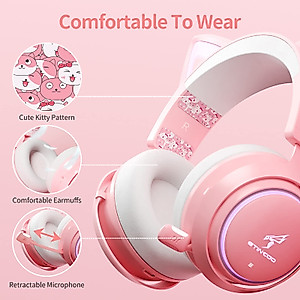 EASARS Wireless Cat Ear Headphones, Pink Gaming Headset Bluetooth 5.0 for Smartphone, Retractable Mic, 50mm Drivers, RGB Lighting Headset with Mic (USB Dongle Not Included)