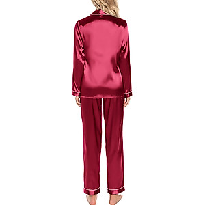 Women's Silk Satin Pajama Button Down Long Sleeve and Pants Set Sleepwear Loungewear Wine Red M
