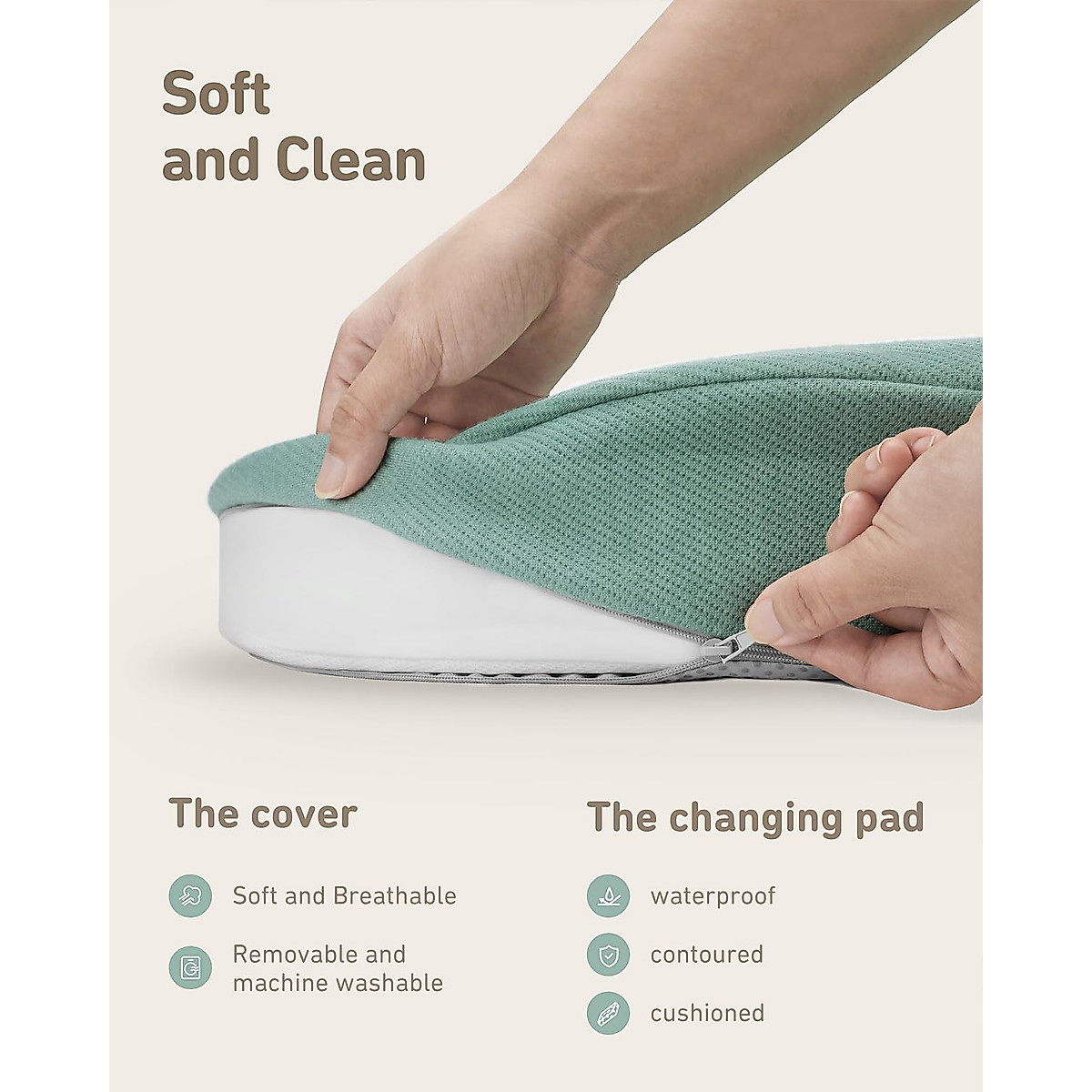 Contoured Changing Pad with Soft & Washable Cover, Waterproof Lining Foam Baby Changing Table Pads for Dresser Top, Secure with Security Strap and Two High Curved Sides, 32”×16”, Sage Green