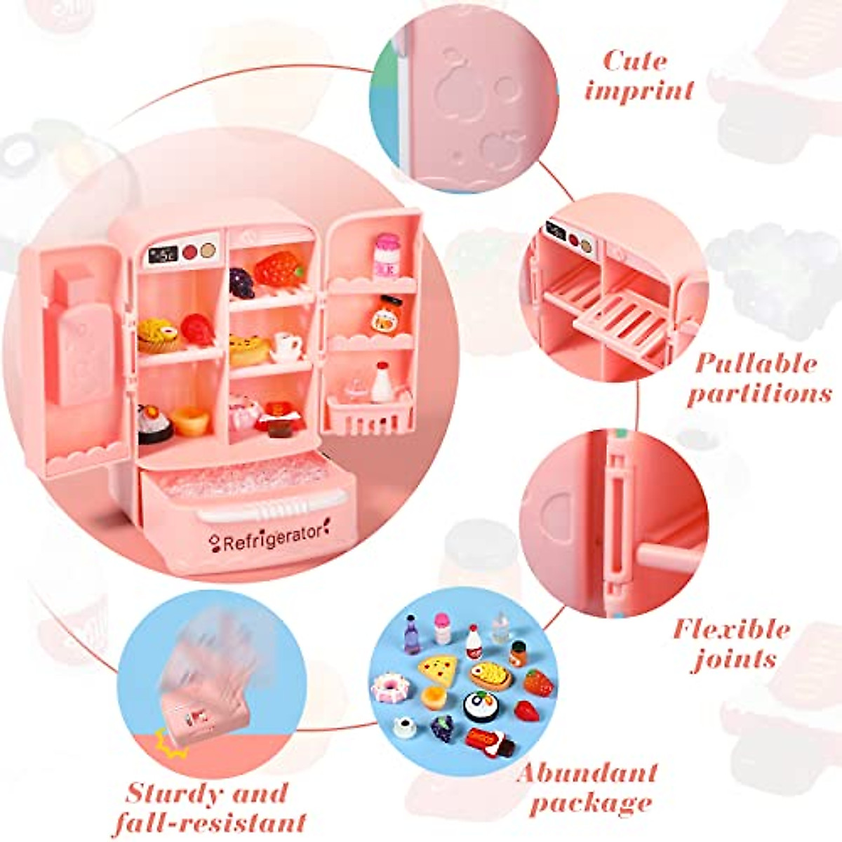 Dollhouse Refrigerator Mini Fridge Toy with Mini Food Set, Kitchen Furniture Food Toys Dollhouse Miniatures, Decorations Bottles Fruits Desserts for Children (Lovely Style, 17 Pieces)