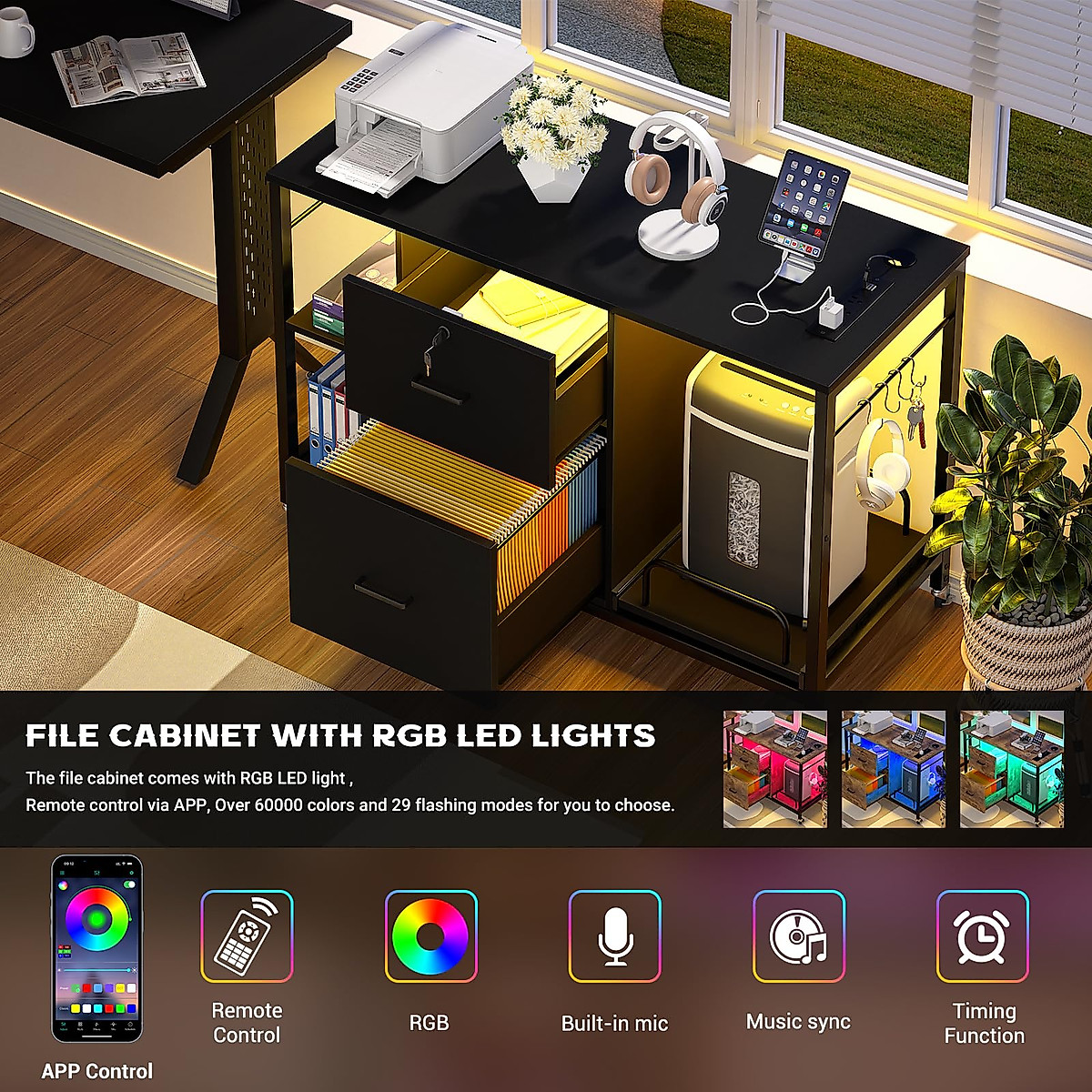 Hyomdeck 47" Lateral File Cabinet with Power Outlet and LED Light, Filing Cabinet with Printer Stand fits Legal/Letter Size, 2 Drawer File Cabinets for Home Office with Lock,Black