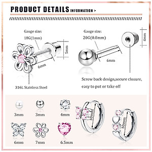 Florideco 8Pairs Hypoallergenic Screwback Earrings Women Silver Huggie Hoop Earrings Surgical Steel Tiny Stud Earrings Pink Colorful CZ Screw Back Earrings Set for Sensitive Ears Butterfly