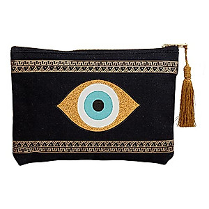 Evil Eye Canvas Small Clutch Handmade Pouch Bag Beach Meander Zipper Gift Bag with Tassel
