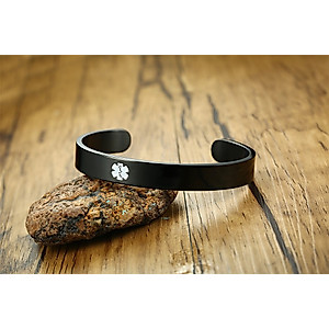 MEALGUET Stainless Steel Cuff Medical Alert ID Bracelet Open Metal Custom Medic Identification Cuffs Bangle for Men Women,7.7-8 Inches,Black Ion Plated