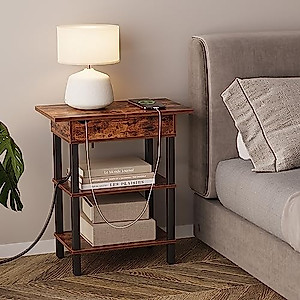 VIMBER End Table with Charging Station, Narrow Side Table with USB Ports and Outlets, Flip Top Bedside Table/Nightstand/Sofa Couch Table for Small Spaces, Living Room, Bedroom, Rustic Brown
