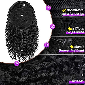 rosmile Short Kinky Curly Ponytail Extension for Black Women, 10 Inch Natural Drawstring with Two Clips, Synthetic Afro Women