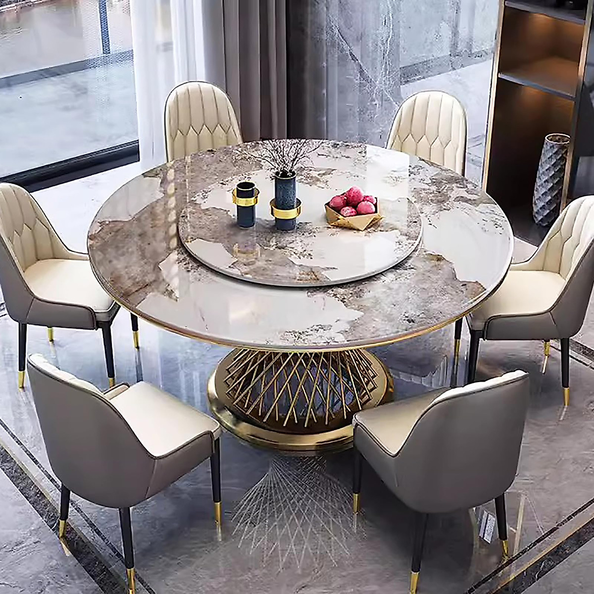Round Sintered Stone Dining Table with Lazy Susan,Modern Kitchen & Dining Room Tables with Metal Metal Base,Circular Marble Pedestal Dining Table - Table Only(59.1" L x 59.1" W x 29.5" H, Gray)