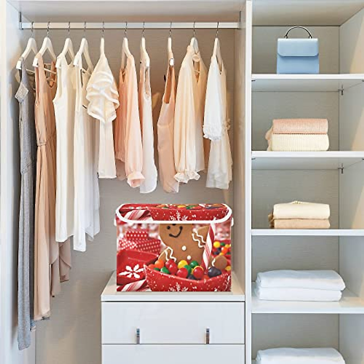 DOMIKING Gingerbread Man Large Storage Bin with Lid Collapsible Shelf Baskets Box with Handles empty gift basket for Nursery Drawer Shelves Cabinet