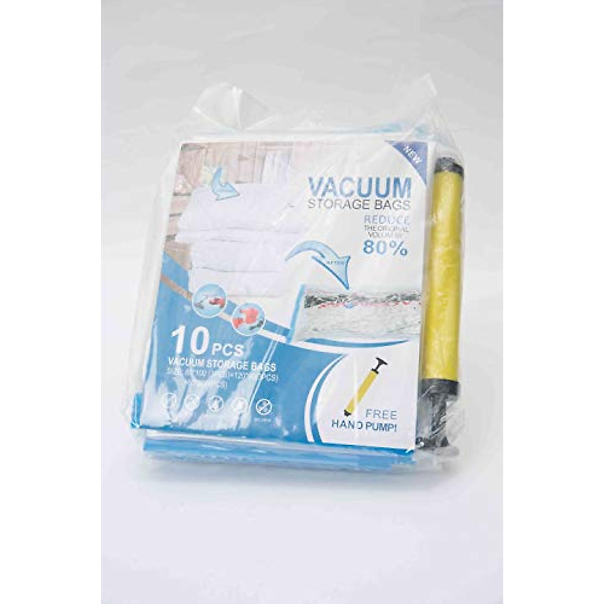 Olmecs 10-pack Vacuum Space Saver Storage Bags with Vacuum Travel Hand Pump Space Saver for Clothes Blankets Duvets Pillows Comforters