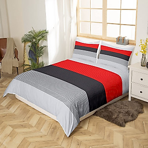 Erosebridal Stripes Duvet Cover for Women, Gray and Black Red Patchwork Striped Comforter Cover,Modern Abstract Art Bedding Set Ombre Bright Gray Stripes Quilt Cover Farmhouse Decorations,Queen Size