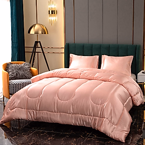 Satin Comforter Queen Silk Like Satin Comforter Down Alternative Comforter Soft Polyester Filling Silky Bed Comforter Pink Girls Comforter 1 Comforter 2 Pillowcase (Queen, Pink)