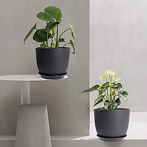 UOUZ 12/10/9 Large Modern Plant Pots, Plastic Planters with Drainage Holes and Saucers for Indoor Outdoor Plants Flowers, Black