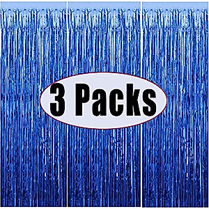 3 Packs 3.2ft x 6.6ft Navy Blue Metallic Tinsel Foil Fringe Curtains Photo Booth Props for Birthday Wedding Engagement Bridal Shower Baby Shower Bachelorette Holiday Celebration Party Decorations