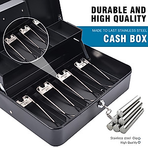 INFUN Cash Box with Money Tray, Durable Large Steel Money Boxes, 5 Compartment Tray, 4 Spring-loaded, come with 2 key, Black