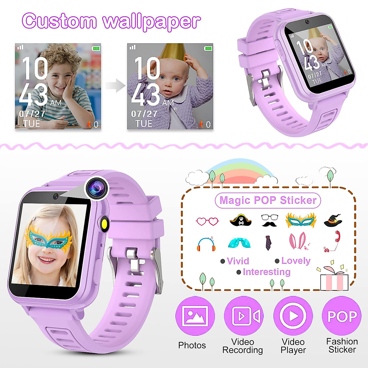 Phyulls Kids Smart Watch, Smart Watch for Kids Toys with 24 Games Camera Video Recorder Music Player Alarm Calculator Calendar Stopwatch Flashlight Pedometer Gift Toys for Girls Ages 3-12 Years Old