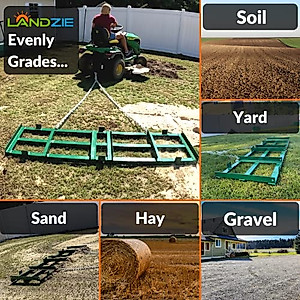 LANDZIE Drag Harrow Driveway Grader Landscape Power Rake for ATV, UTV, Tractor, Mower - 8 Ft Reinforced Steel (Two 4 ft Sections) - Tow Behind Yard Lawn Leveling Tool with 4 Ft Heavy Duty Chain