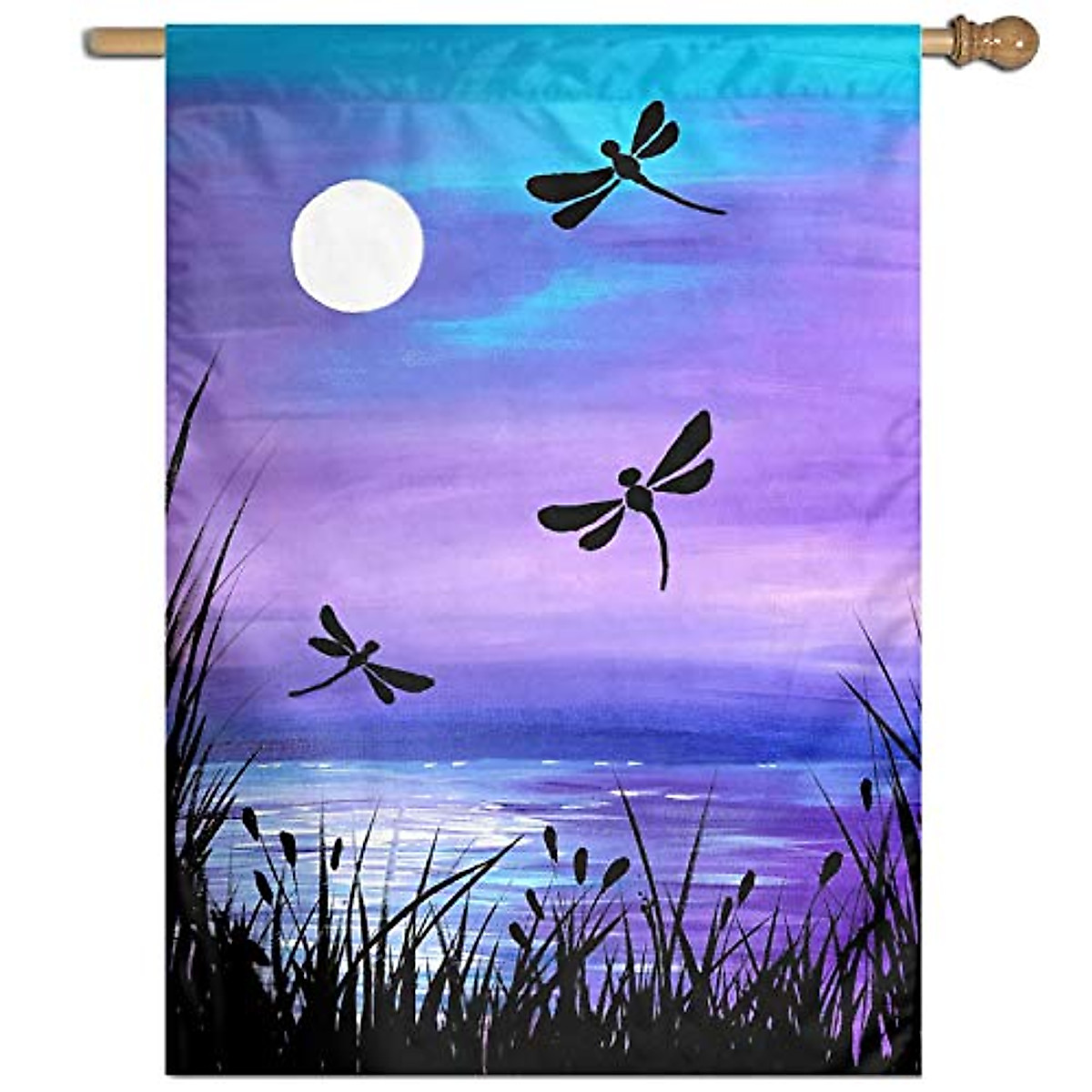 Lake Dragonfly Moon Outdoor Garden Welcome Flag, Double Sided Vertical Garden Yard Flag Banner for Lawn House Outside Decor 12x18inch