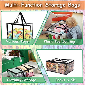 3 Packs Extra Large Bin and Chest Organizer Bags 18×15×9" Toy Storage Bags, Clear Toy Bags Toy Organization Case, Reusable PVC Hand Bags with Zippered for Board Games, Crafts, Blocks, Puzzle, Black
