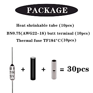 Tnisesm 10 Pcs 184 C Metal Thermal Cutoffs Thermal Fuse 10A 250V with Non-Insulated Butt Connectors(22-18 AWG) for Motor Transformer Electric Industrial Home Appliance 184°+BN0.75